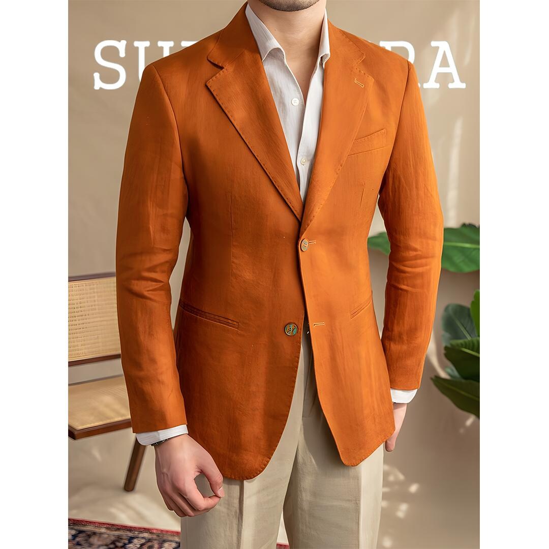 Men’s Burnt Orange Linen Blazer Bold Summer Suit Jacket Classic Notch ...