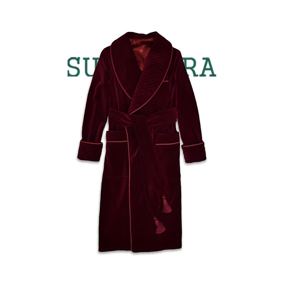 Men's Burgundy Velvet Smoking Jacket Quilted Shawl Collar Dressing Gown ...