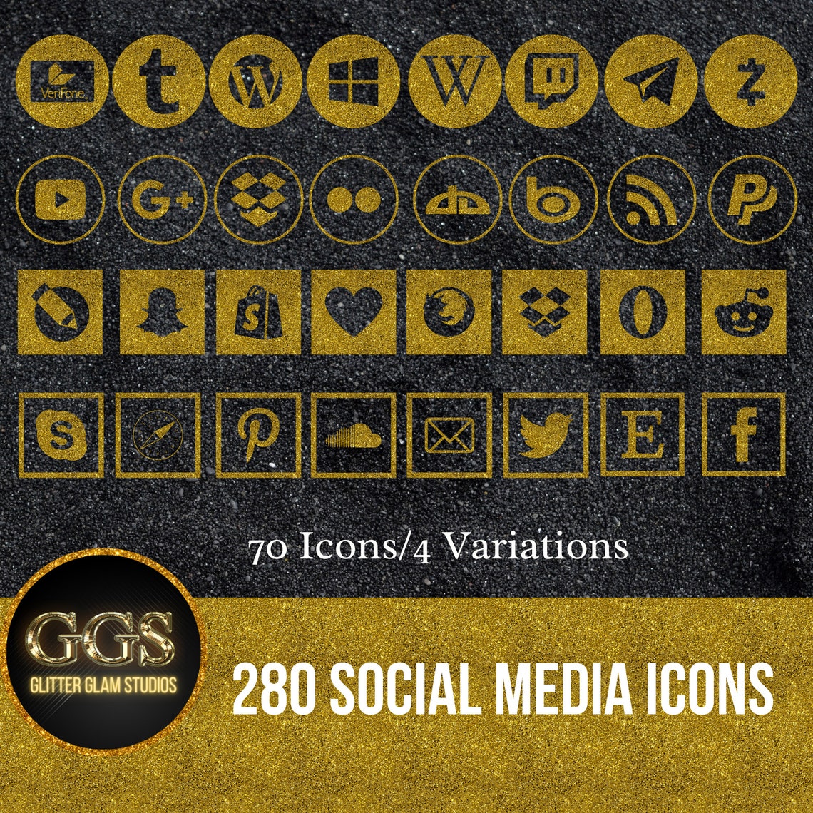 280 Gold Glitter Social Media Icons, Blogging, Web Icons, Gold Glitter ...