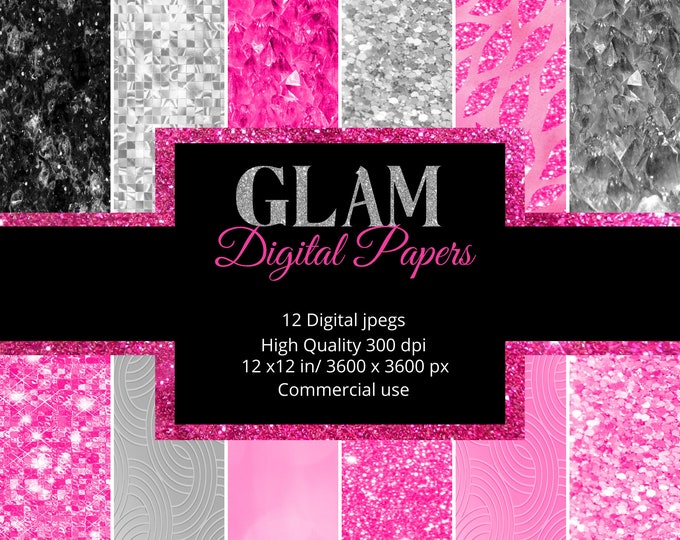 Glam Digital Paper Hot Pink Glam Textures Pink and Black - Etsy