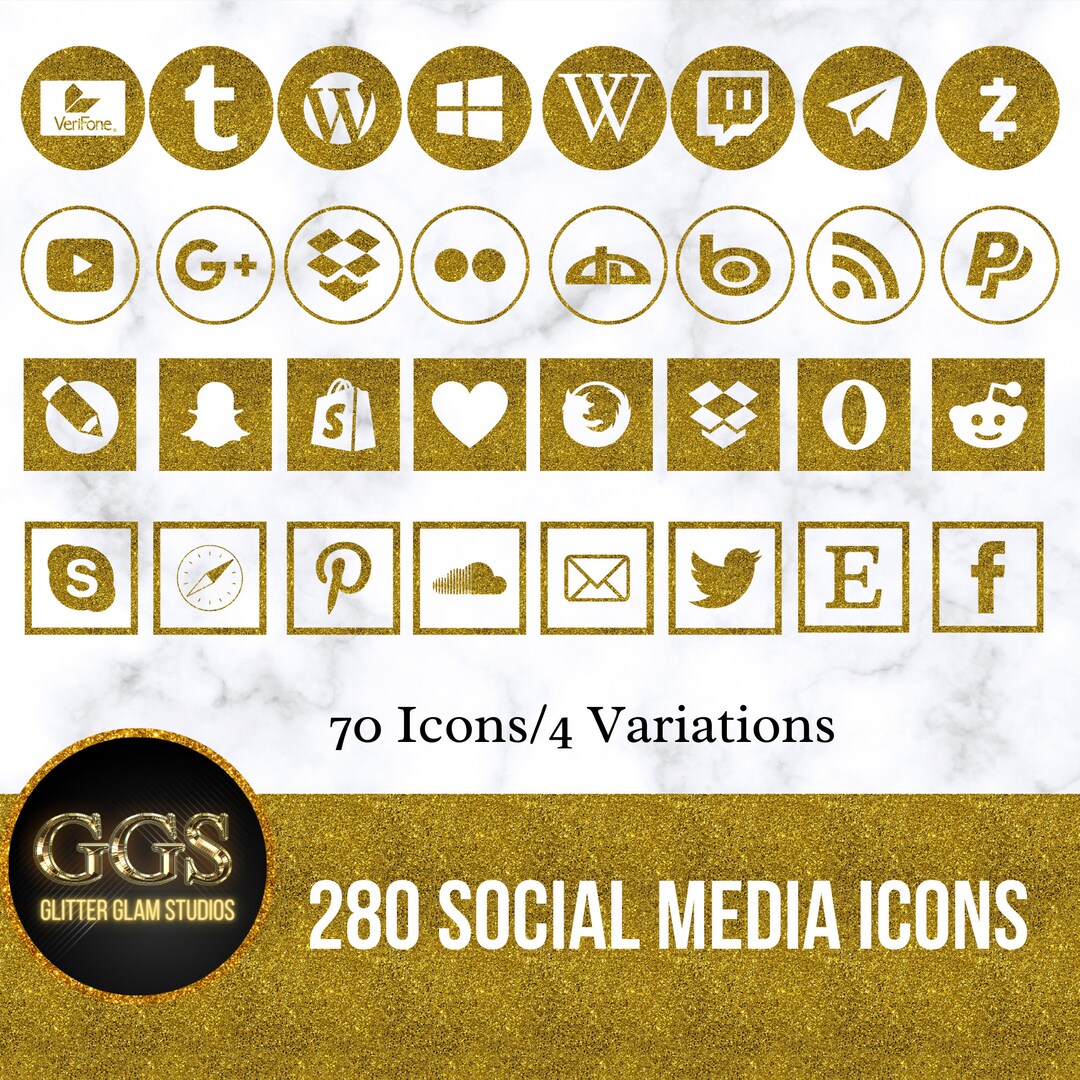 280 Gold Glitter Social Media Icons, Blogging, Web Icons, Gold Glitter ...