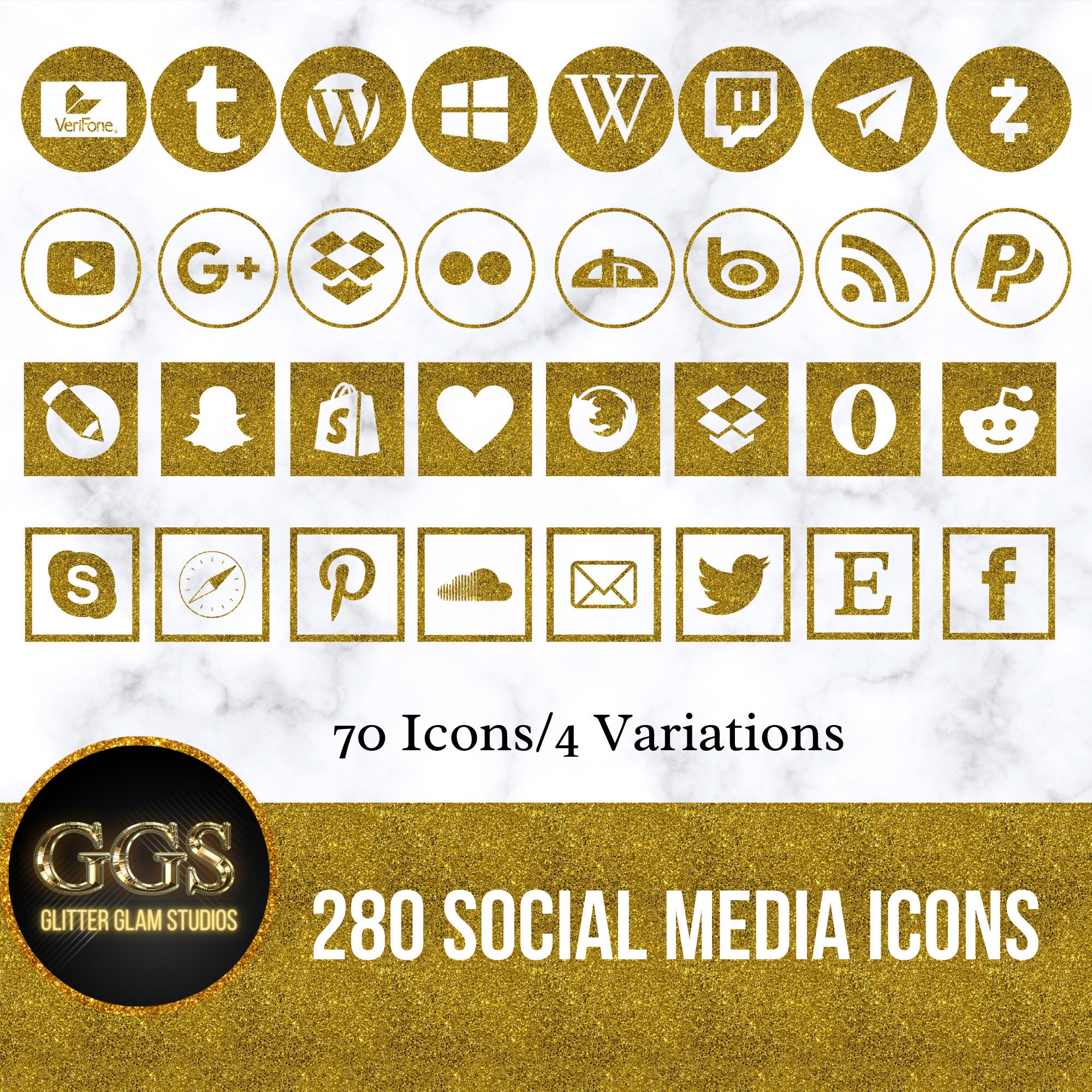 280 Gold Glitter Social Media Icons, Blogging, Web Icons, Gold Glitter ...