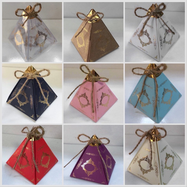 10 Pcs Pyramid Favors and Gifts Boxes, Clear Lid Gold Detail Box ...