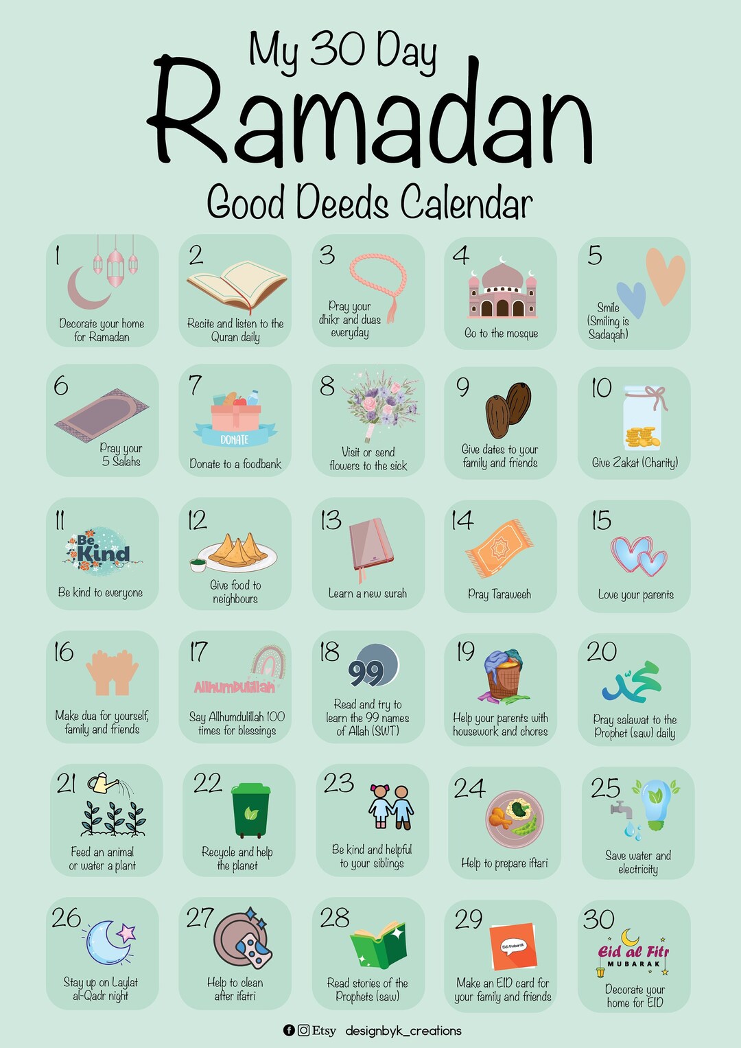 My 30 Day Ramadan Good Deeds Calendar Ramadan Ramadan - Etsy
