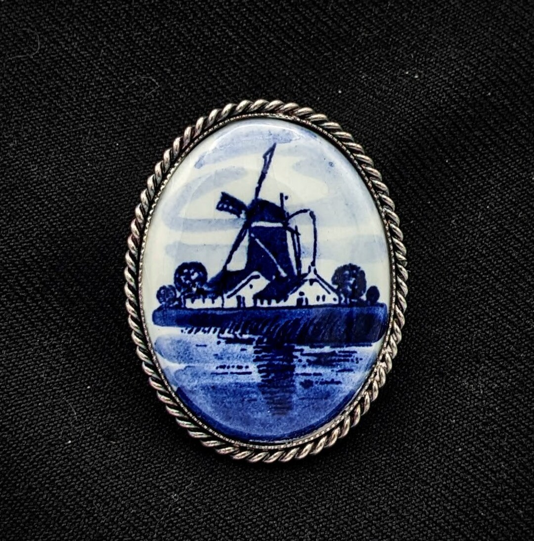 Vintage Porcelain Blue Delft Holland Hand Painted Windmill Brooch ...