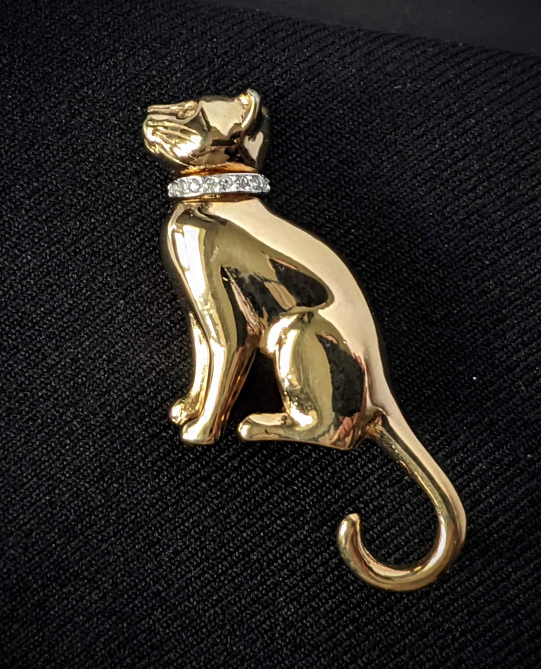 Vintage Shiny Gold Tone CAT BROOCH Crystal Rhinestone Collar Signed ...