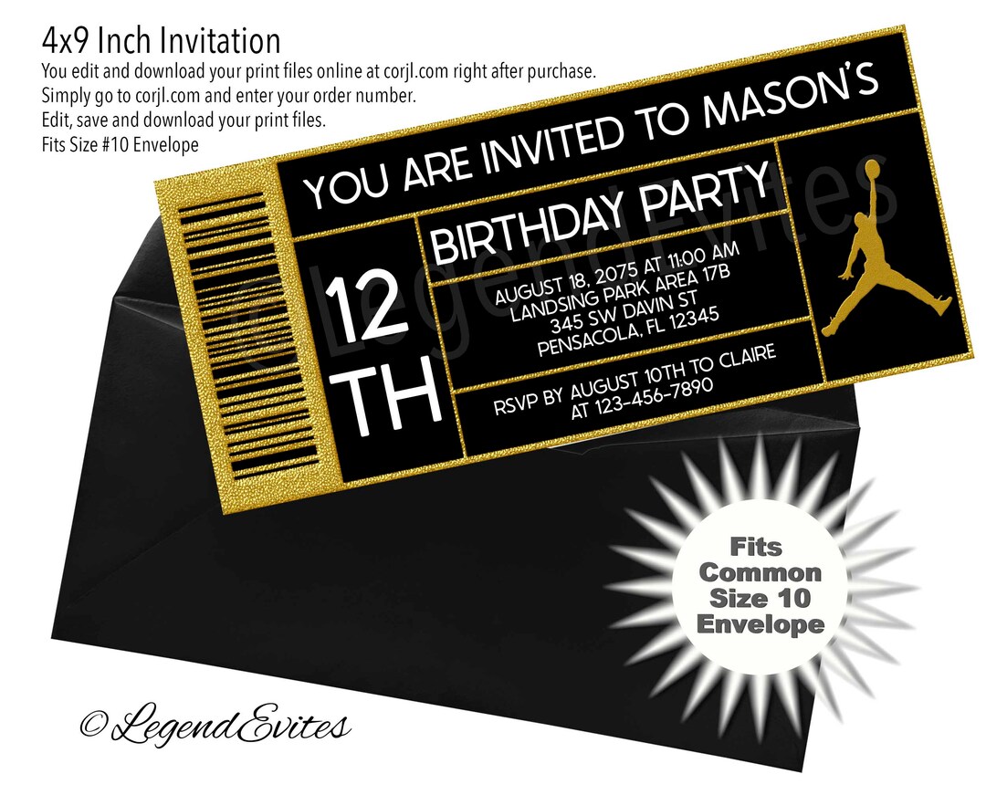 Basketball Birthday Invitation: Shoe Box Ticket, Black & Gold (4x9 Inch ...