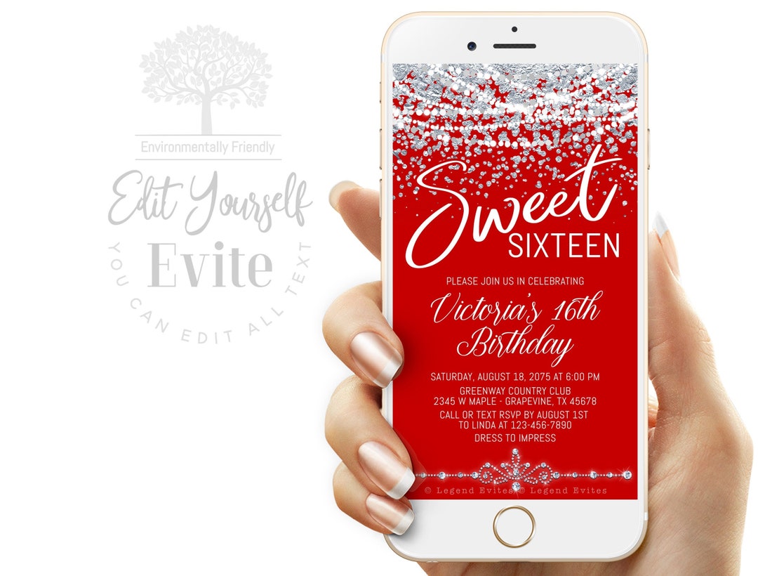 Red Sweet Sixteen Invitation: Elegant Silver Foil Evite (text) - Etsy