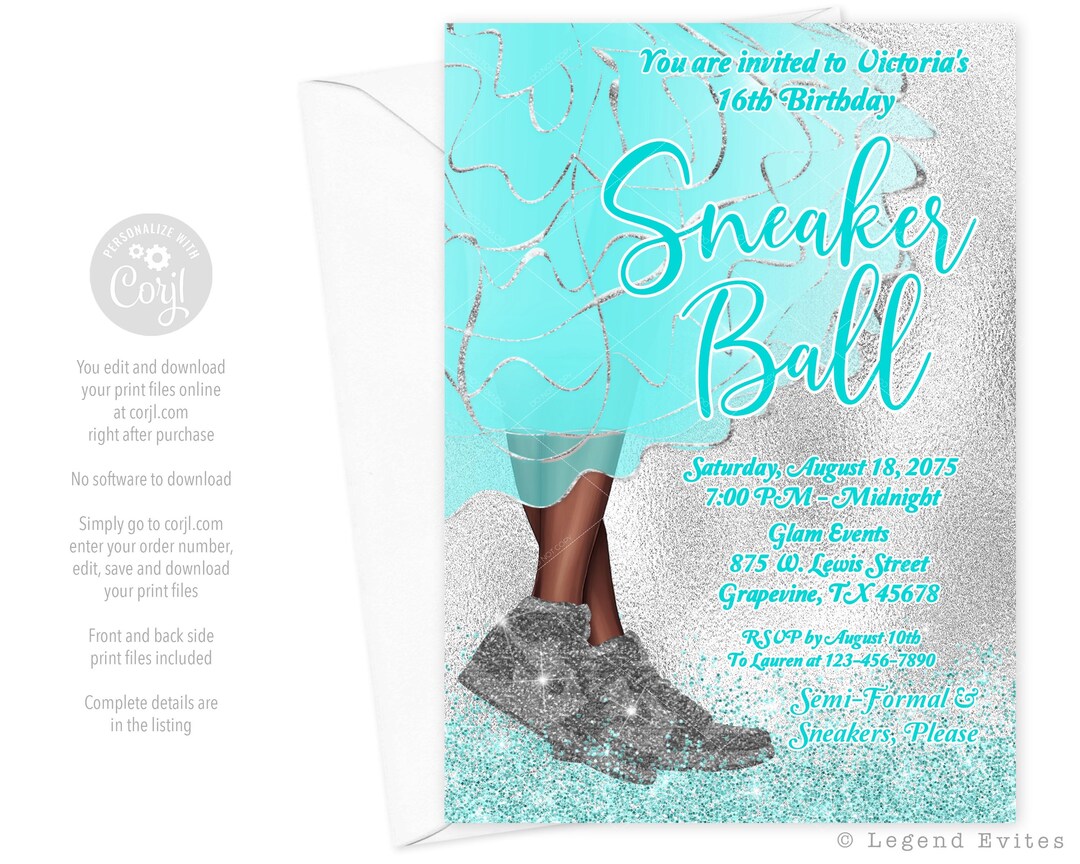 Teal Blue Sneaker Ball Invitation: Silver Glitter (digital Print File ...