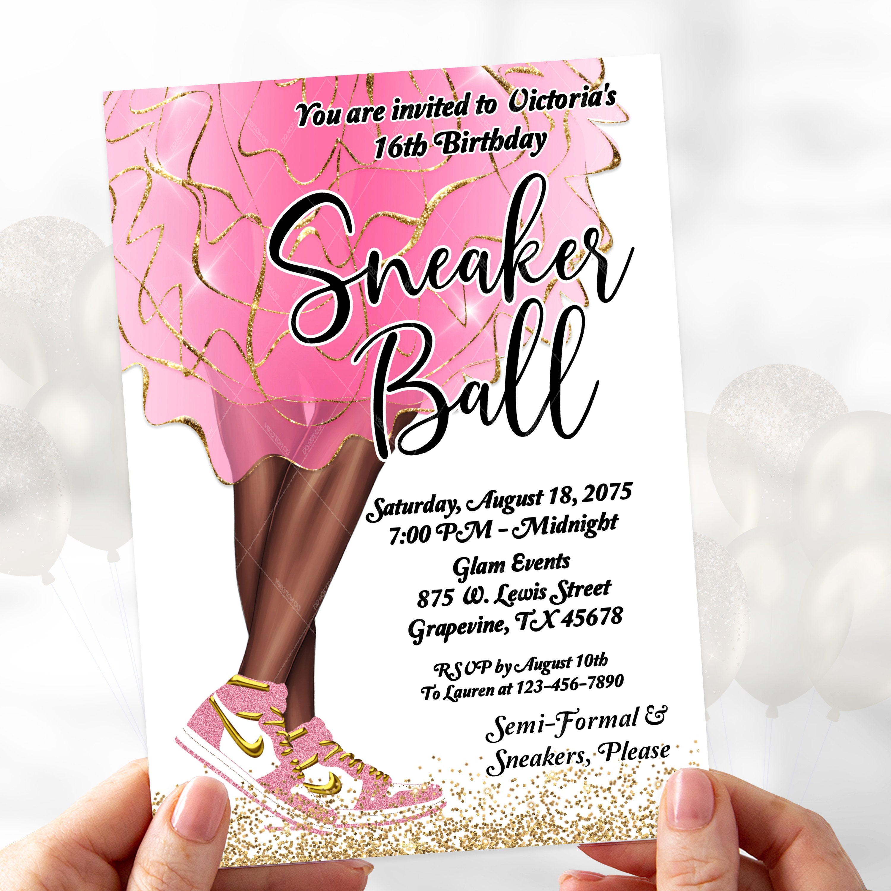 Pink & Gold Sneaker Ball Invitation: Woman's Birthday (digital Download ...