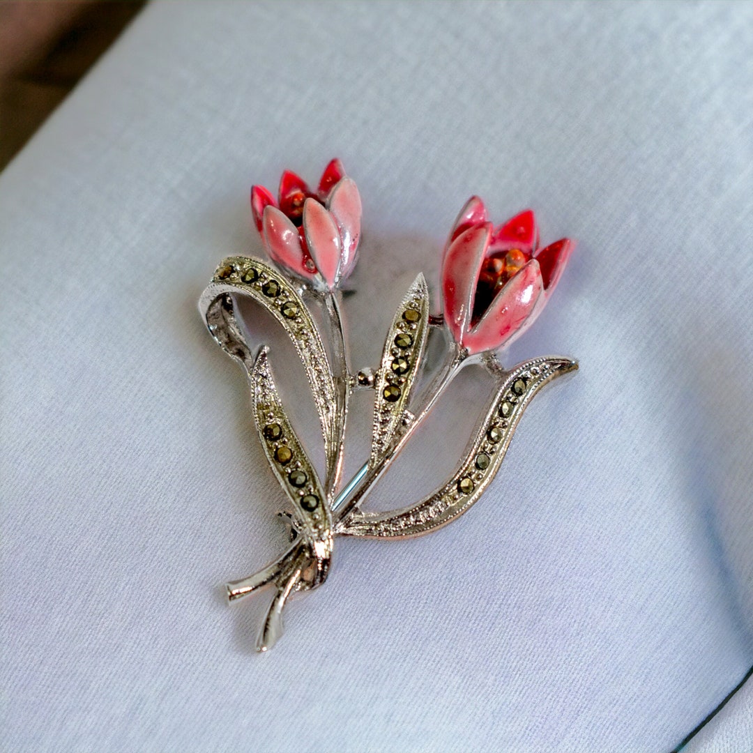 Art Deco Pink Enamel Tulip Flower and Marcasite Stone Brooch Antique ...