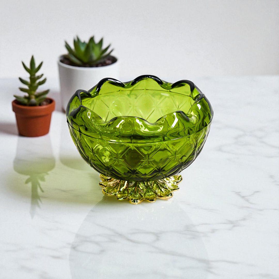 Vintage Indiana Glass Green Compote Bowl – Quilted Diamond Pattern on ...