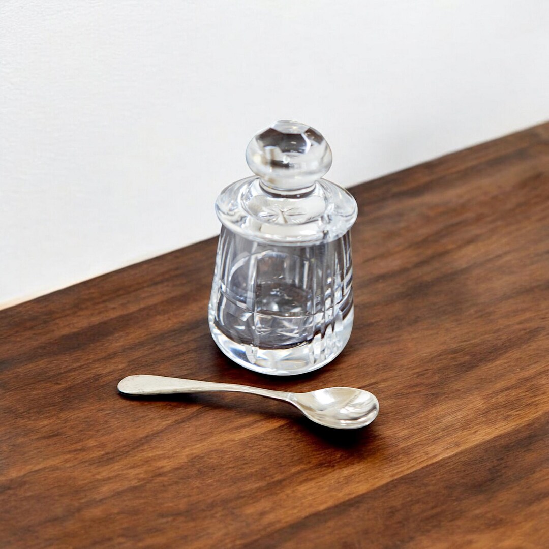 Vintage Miniature Crystal Condiment Jar With Lid & Silver Plated Spoon ...