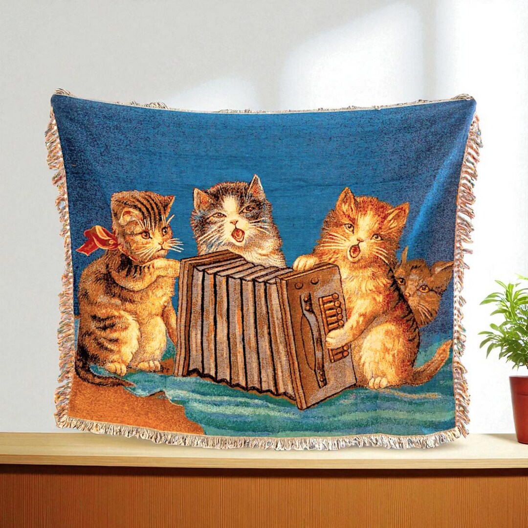 Vintage 1990s Cat Tapestry Throw Blanket | Gajmoti Singing Cats ...