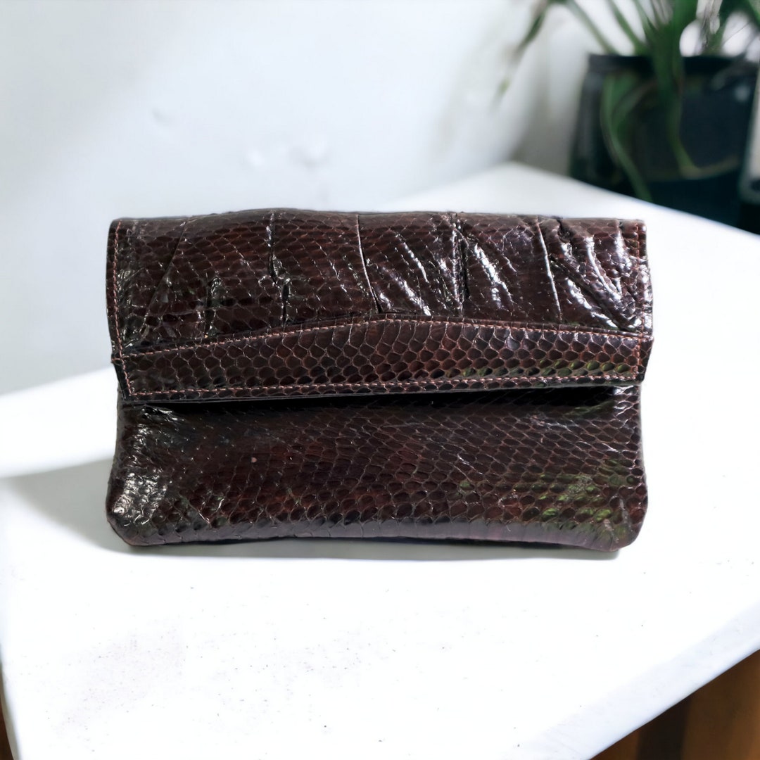 Vintage Genuine Snake Skin Clutch Wallet Brown Snakeskin Exotic Leather ...