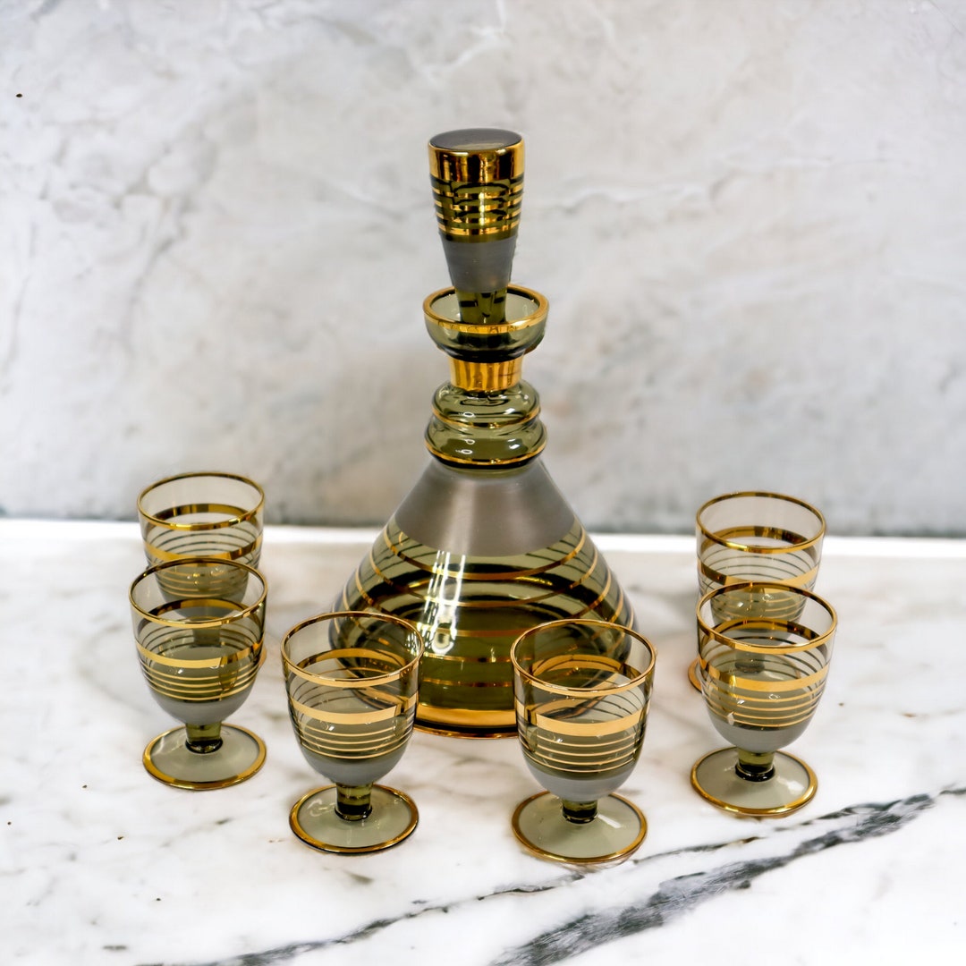 Vintage Bohemian Crystal Bar Set Decanter Bottle With 6 Liqueur Glasses ...