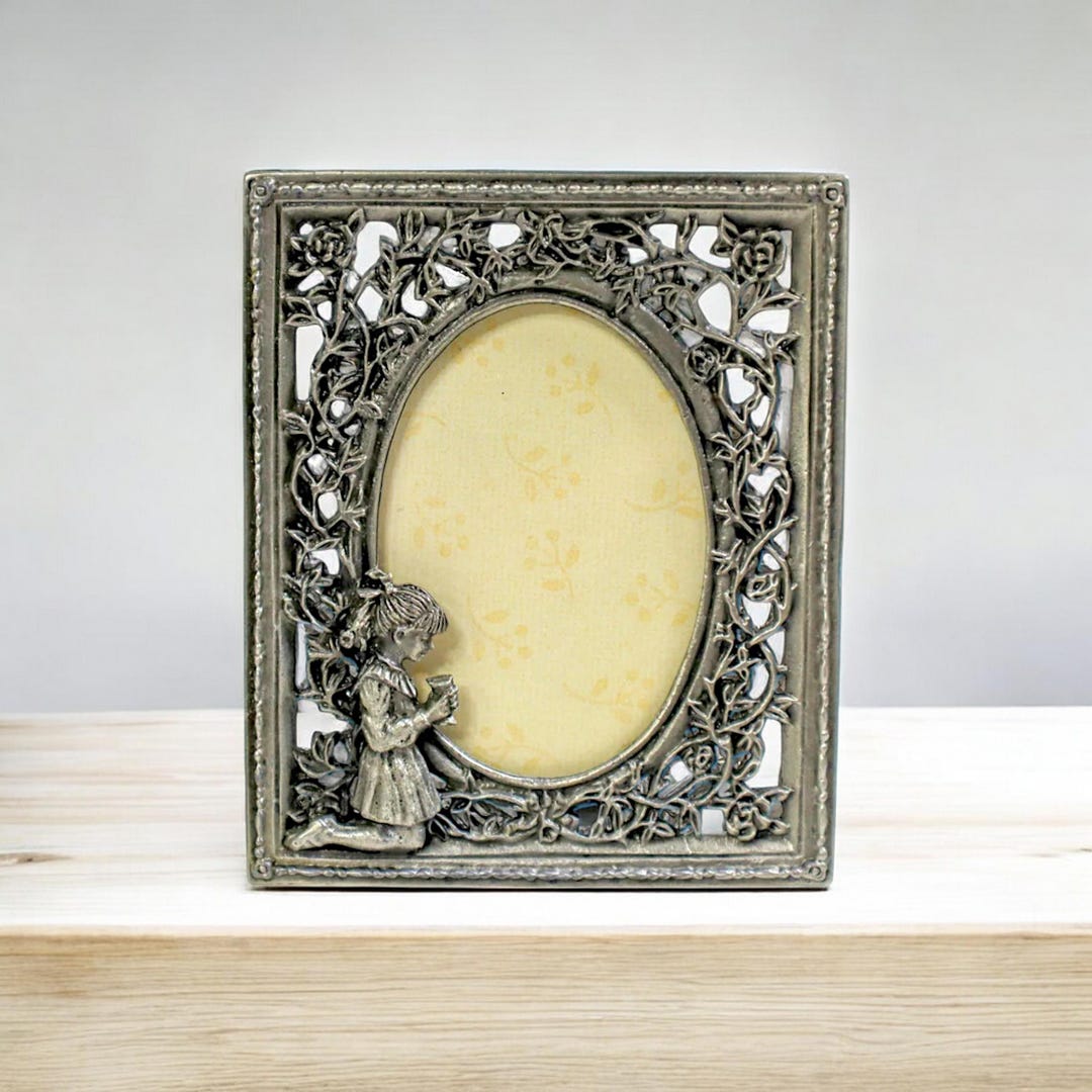 Vintage Pewter Picture Frame for Girl's First Communion | Oval 3x2 ...