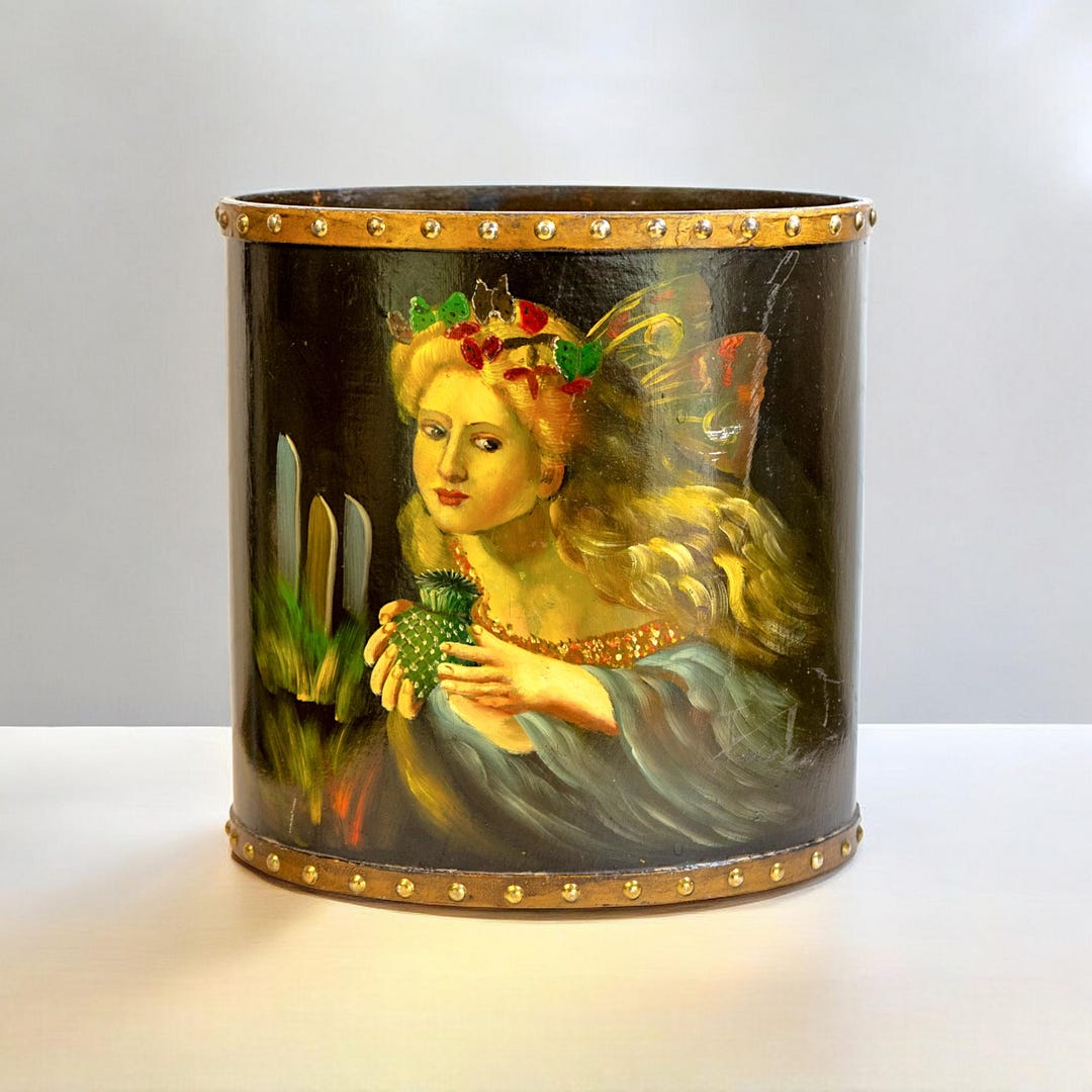 Vintage Wood Trash Bin, French Waste Paper Basket, Hand Painted Fairy ...