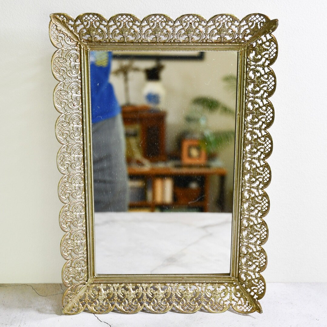 Vintage Mirror Tray Rectangular Brass Filigree Metal Framed Vanity ...