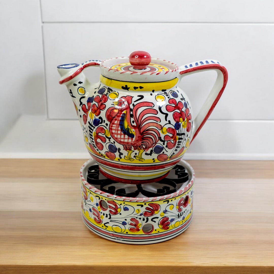 Italian Pottery Teapot and Warmer Base by Daruta Italy, Hand Painted ...