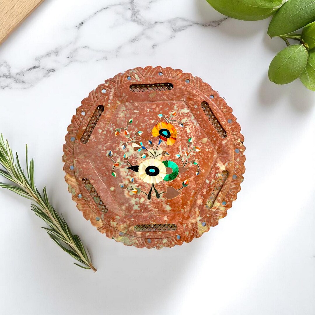 Vintage Inlaid Soapstone Tray – 9 1/4" Carved Plate With Semi-precious ...