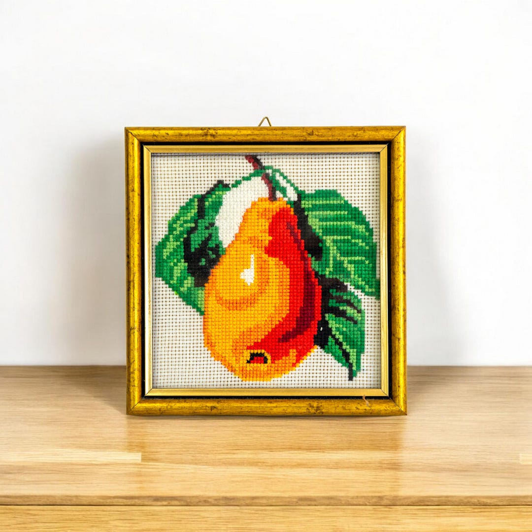 Vintage Pear Needlepoint Wall Hanging | 7x7 Wood Framed Fruit Art - Etsy
