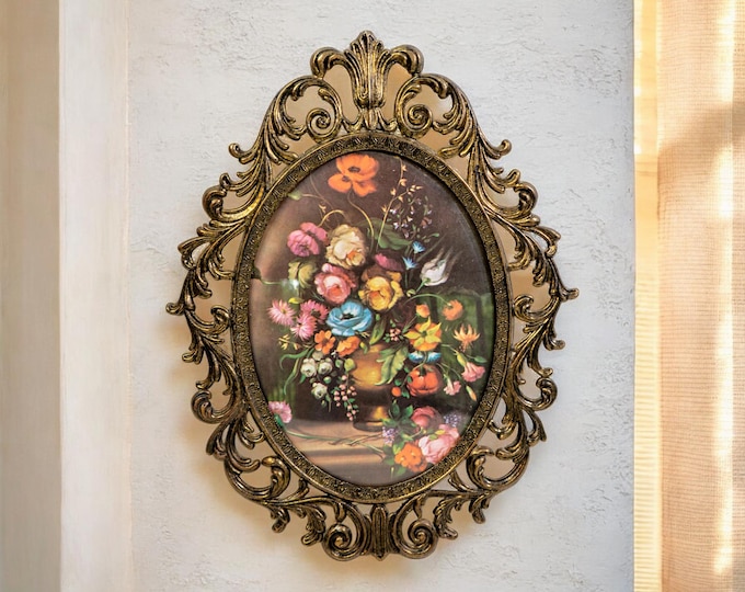 Large Vintage Framed Floral Print Wall Hanging | Ornate Floral Art ...