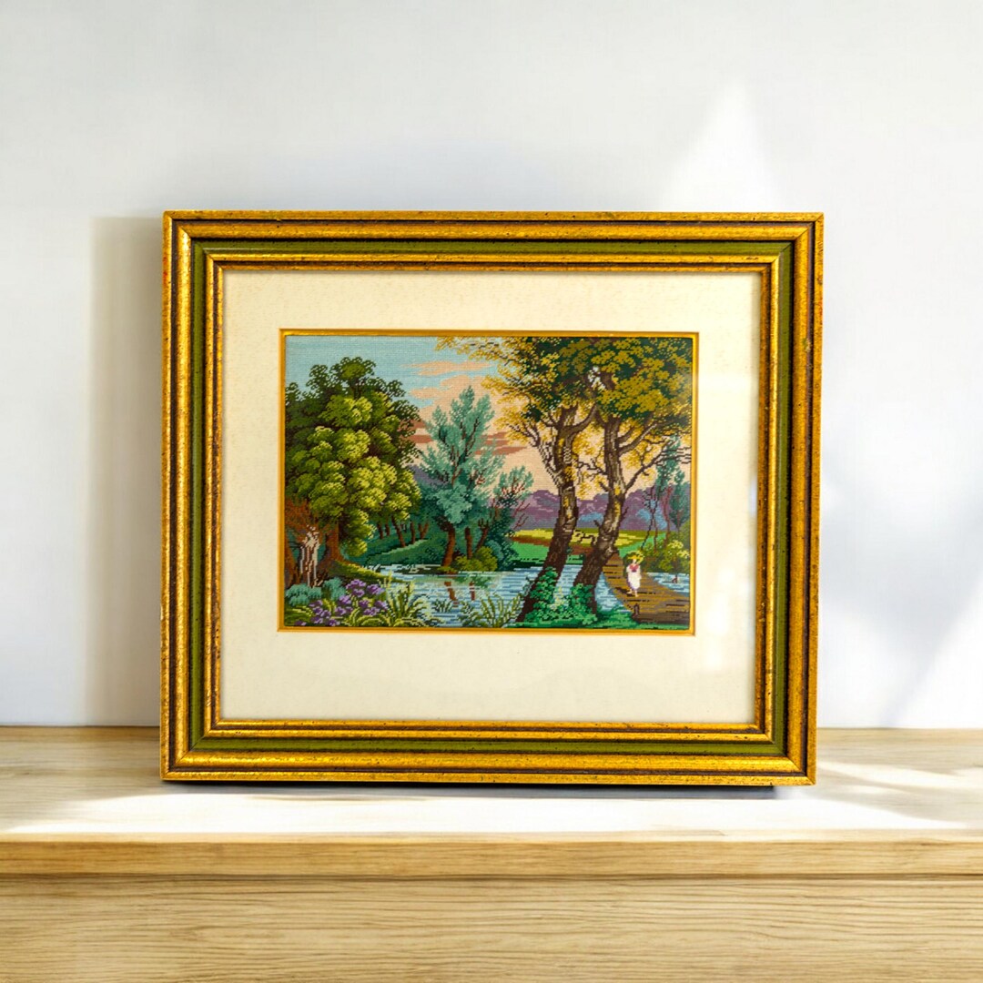 Vintage Framed Petit Point Needlepoint – Landscape Wall Art (1981) - Etsy