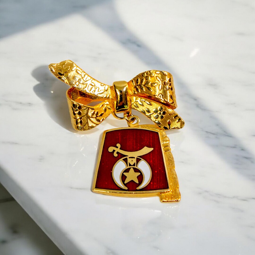 Vintage Ladies Shriner Fez Brooch Gold Tone Ribbon Bow With Red Enamel ...