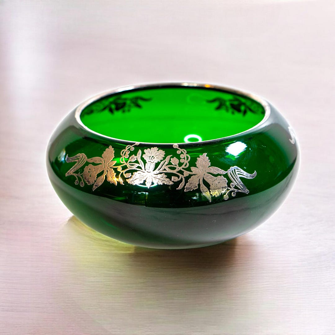 Vintage Green Viking Glass With Sterling Silver Overlay Bowl ...