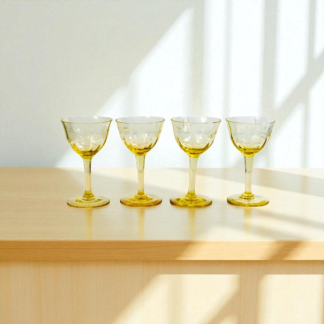 Set of 4 Vintage Yellow Topaz Etched Crystal Goblets – 2 Oz Floral ...