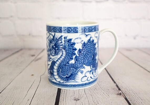 Vintage Chinese Dragon Mug Blue and White Ceramic Asian - Etsy