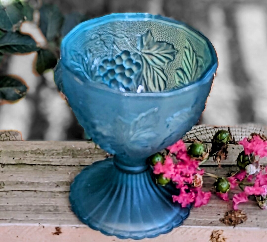 Vintage Indiana Glass Frosted Satin Blue Footed Compote. Theme is ...