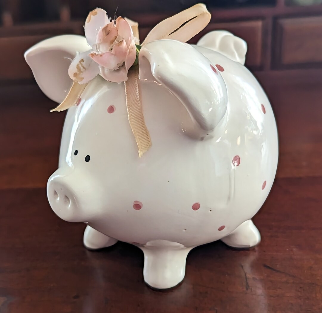 Enesco Polka Dot Piggy Bank in Pink and Cream, Ribbon and Pink Flower ...