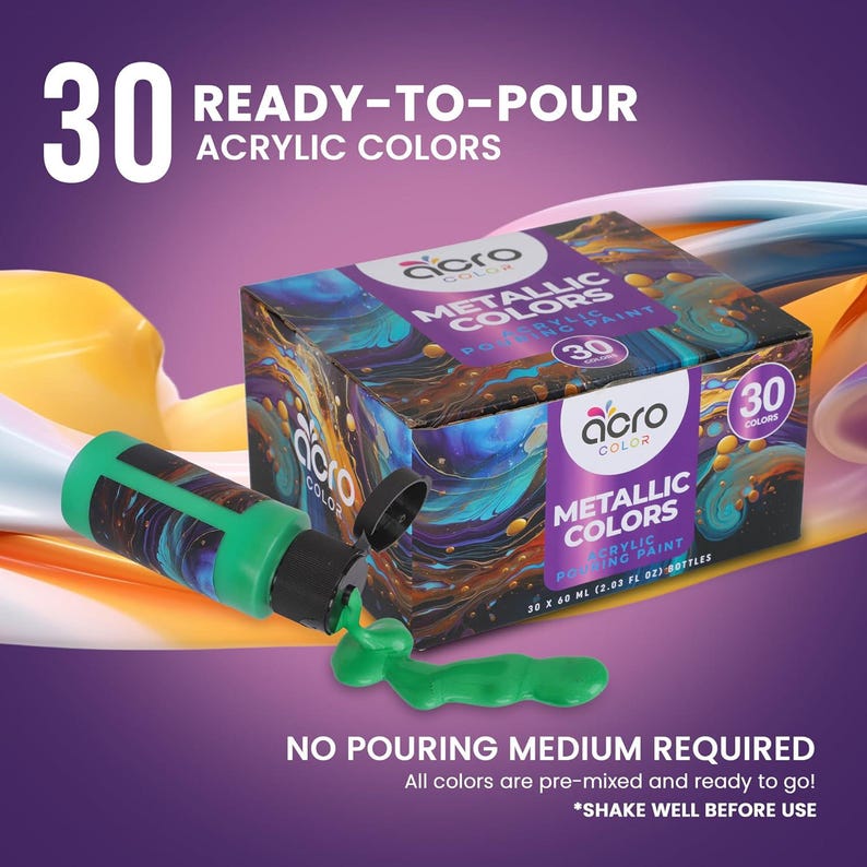 Acrylic Pouring Paint Set, 30 Colors, Vibrant, Pastel, or Metallic Sets ...