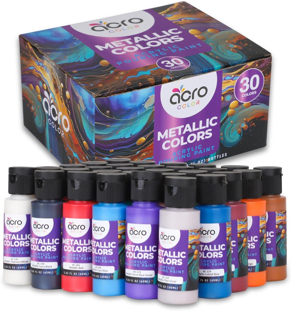 Acrylic Pouring Paint Set, 30 Colors, Vibrant, Pastel, or Metallic Sets ...