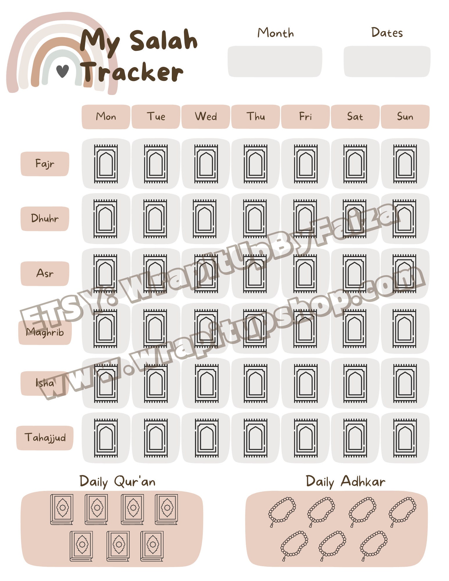 Salah Tracker (with Tahajjud) | Muslim Prayer Tracker | Prayer Chart ...