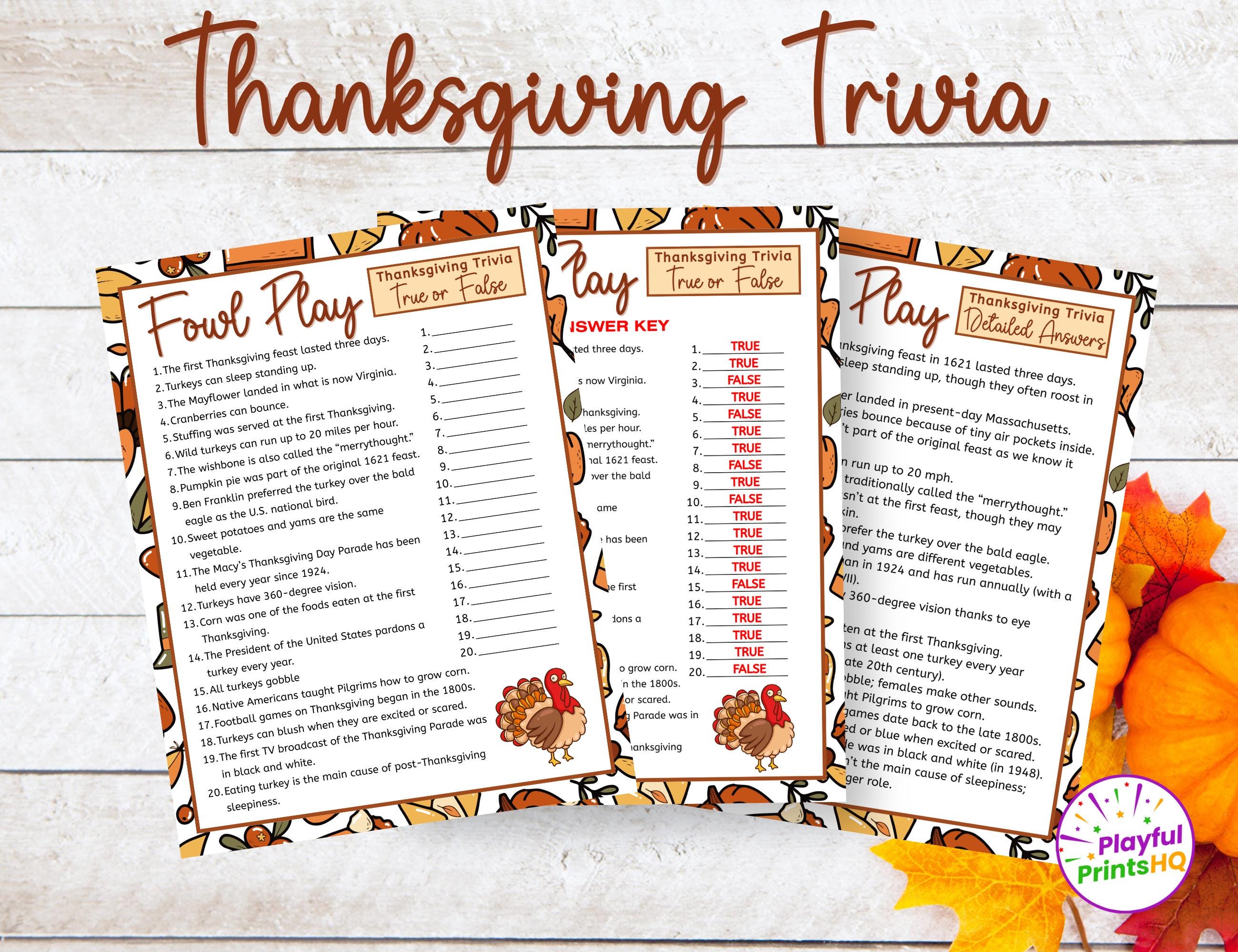Thanksgiving Trivia Game | True or False Family Activity (PDF) - Etsy