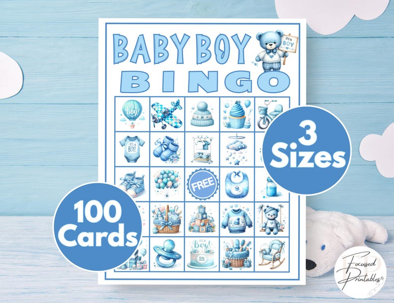 Printable Baby Shower Bingo – Baby Boy Theme – 100 Unique Cards With ...