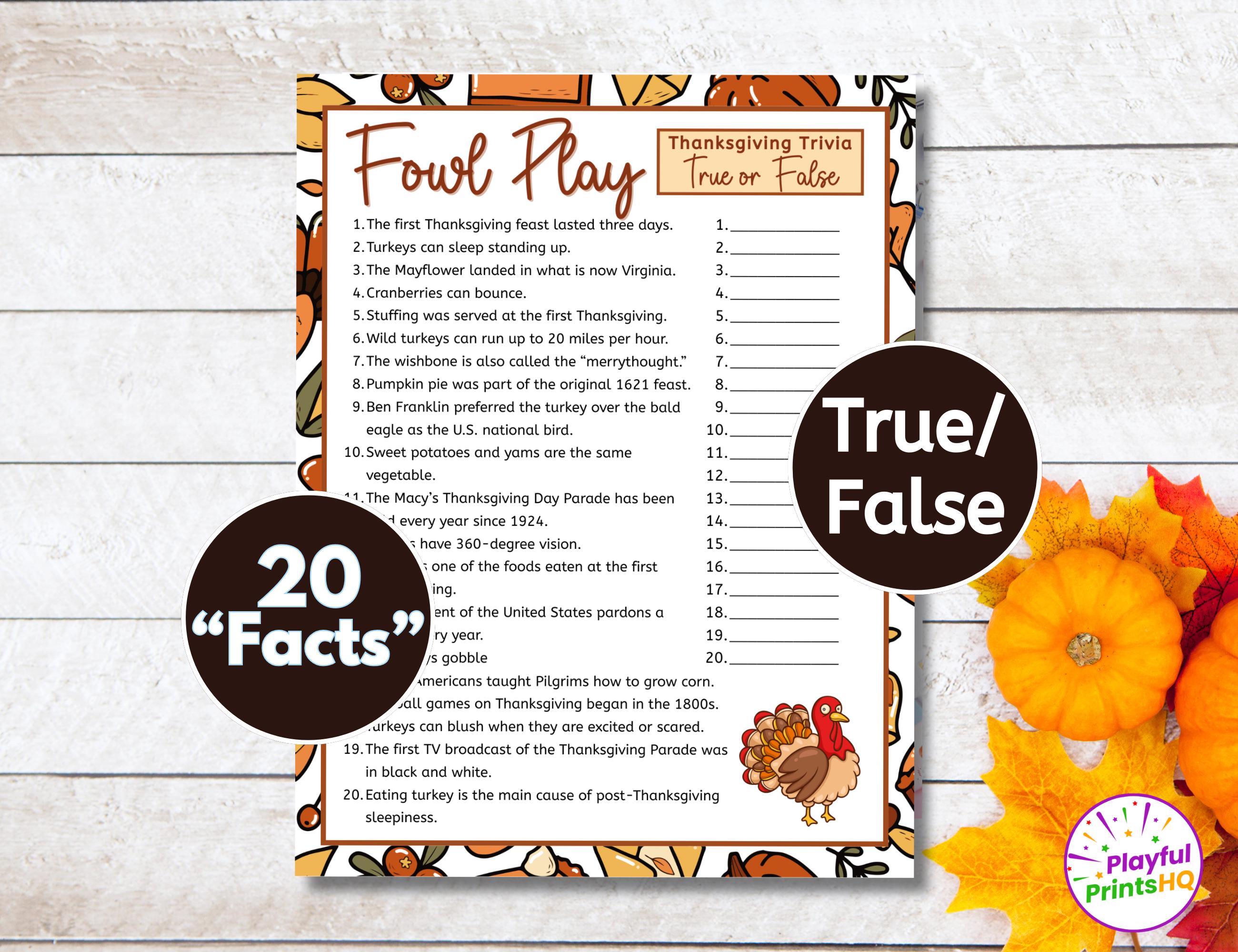 Thanksgiving Trivia Game | True or False Family Activity (PDF) - Etsy