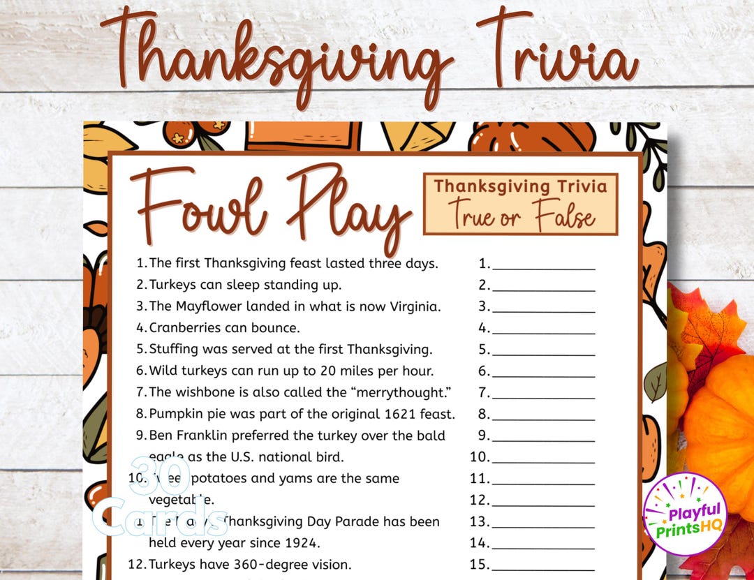 Thanksgiving Trivia Game | True or False Family Activity (PDF) - Etsy