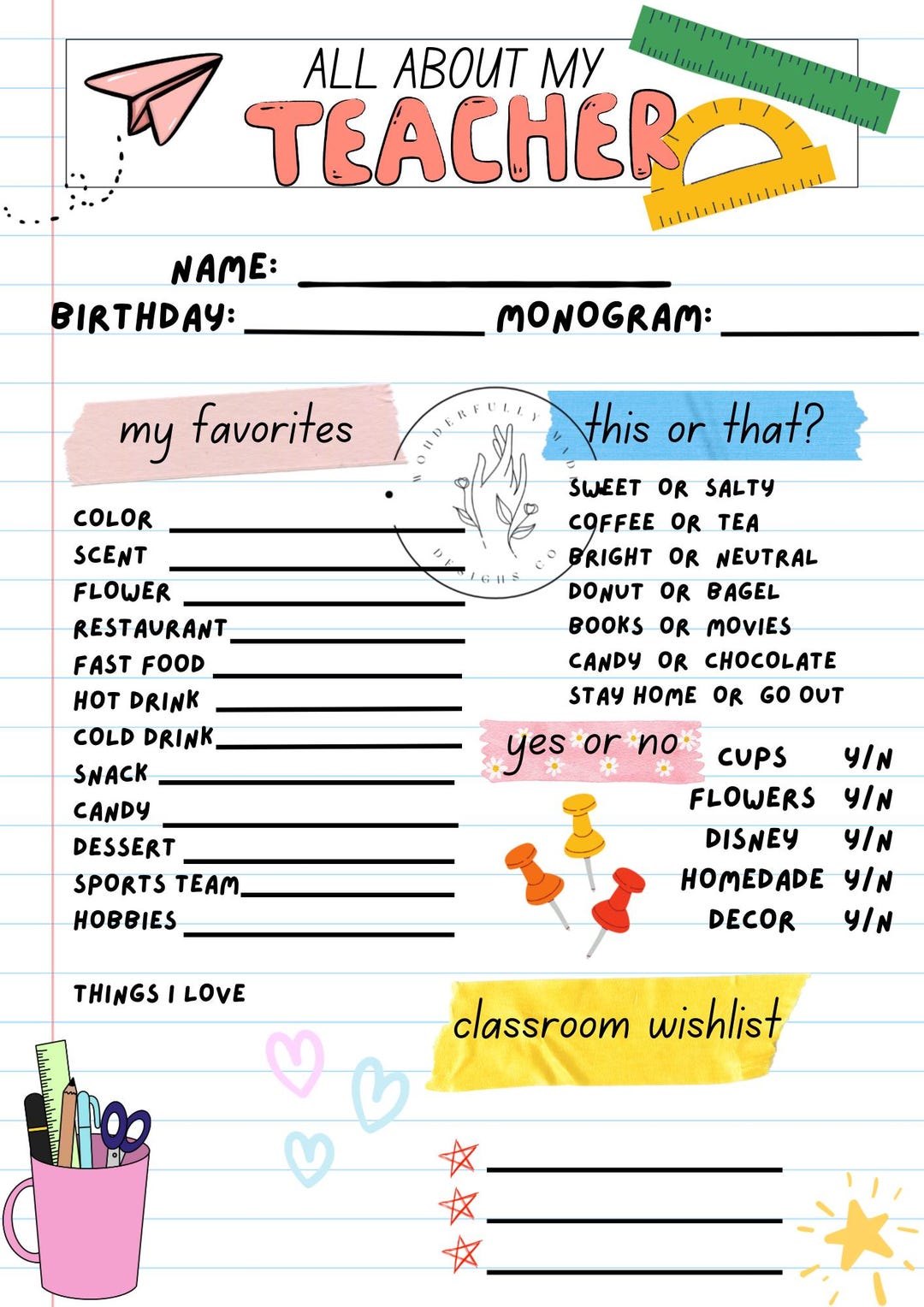 Teacher Questionnaire Digital File, All About My Teacher Questionnaire ...