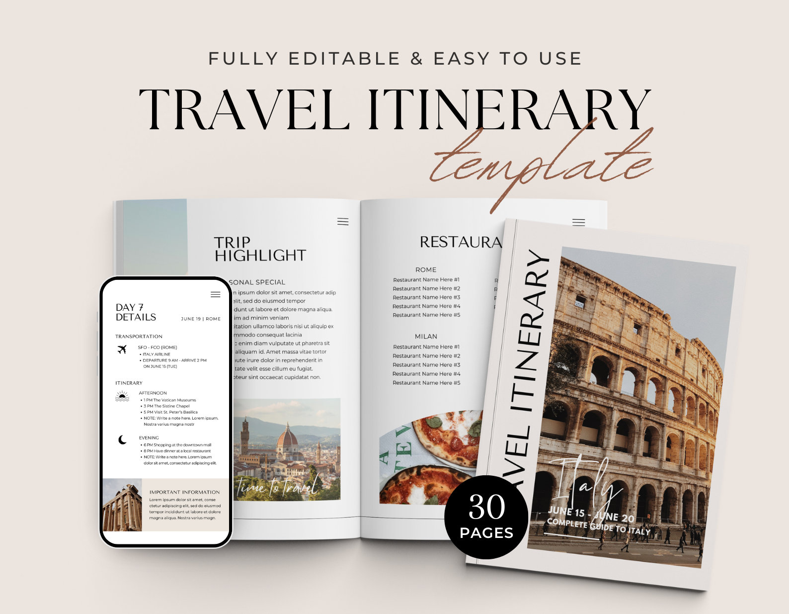Travel Itinerary Template | Printable Travel Guide | Travel Agent ...