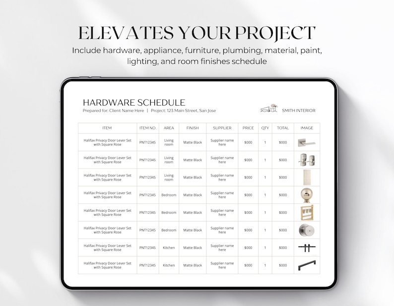 Finishes Schedule Template | FF&E Schedule, Furniture Board | Interior ...