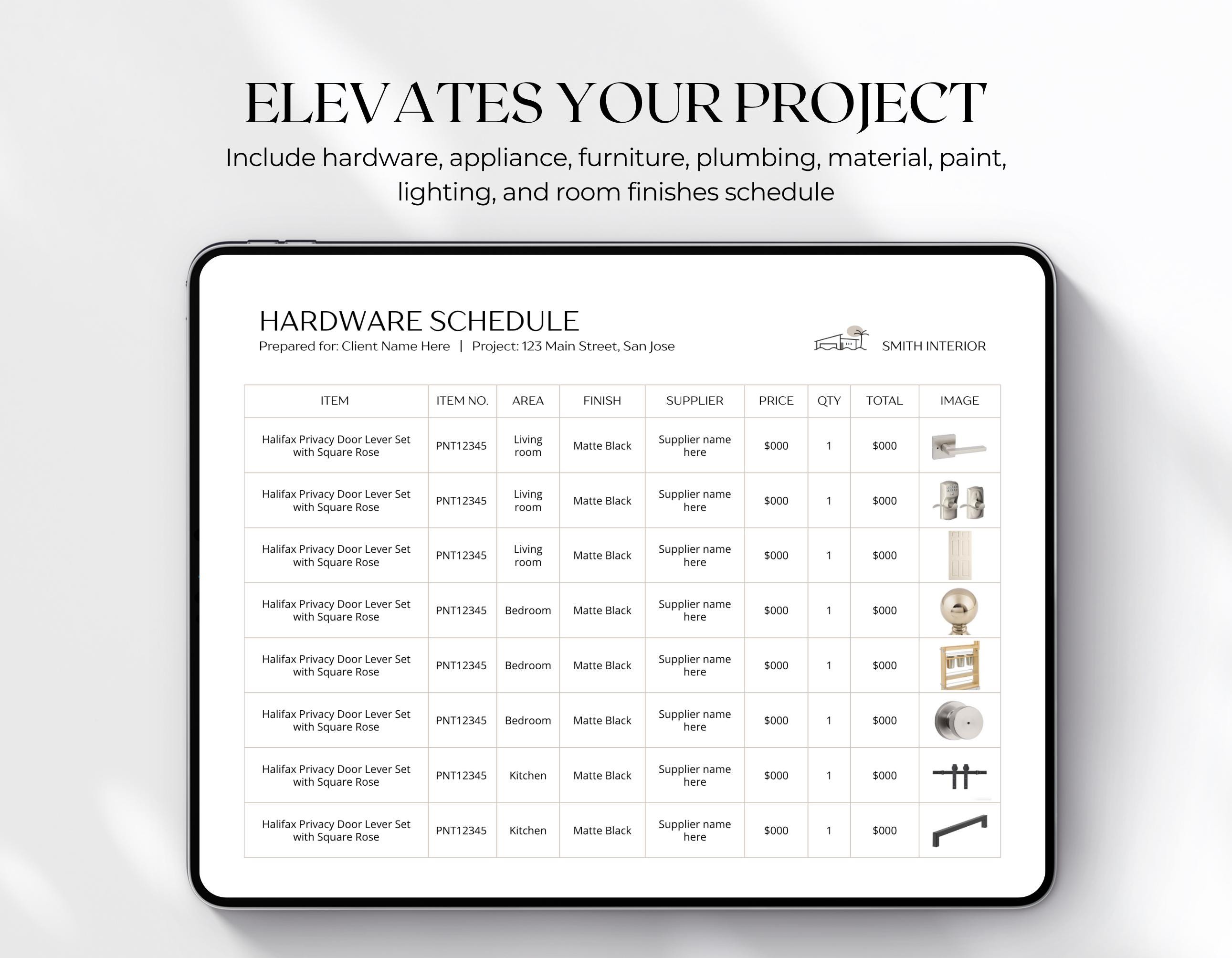 Finishes Schedule Template | FF&E Schedule, Furniture Board | Interior ...