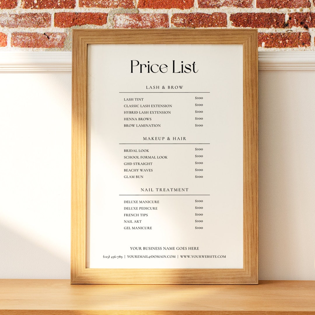 Price List Template| Printable Digital Price Sheet| Minimalist Price ...