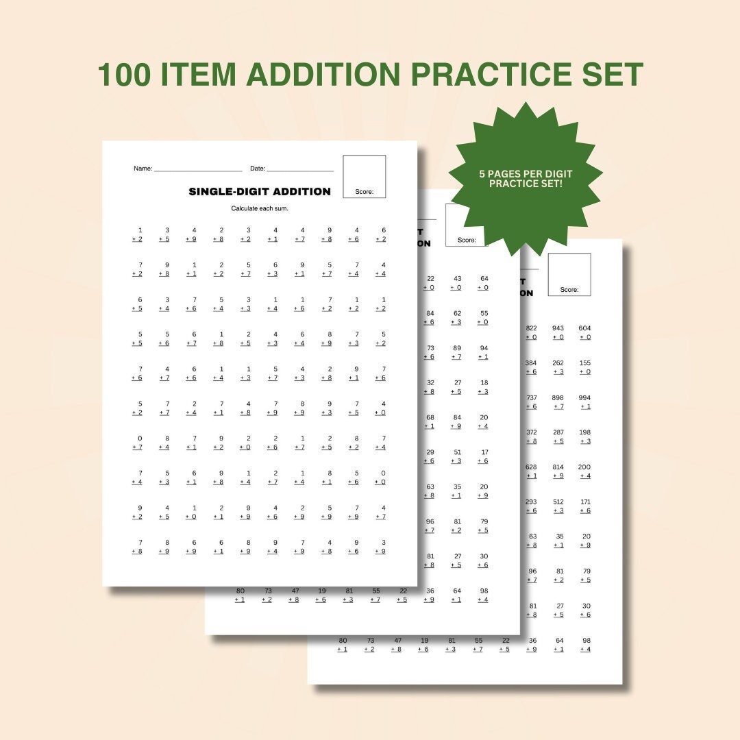 15 Printable PDF Math Drills Addition, Instant Download, Homework ...