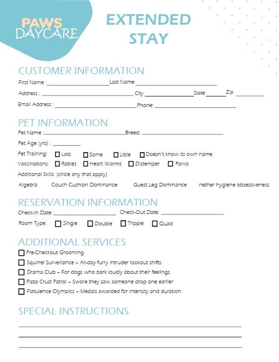 Editable Pet Boarding & Daycare Intake Form – Canva Template ...