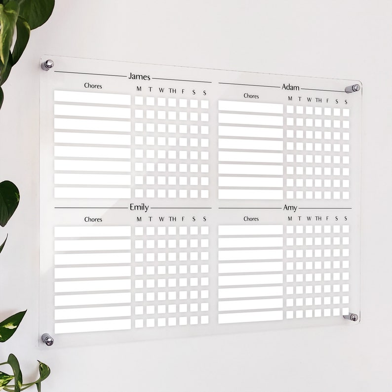 Personalized Acrylic Chore Chart for Four: Dry Erase Family Planner - Etsy