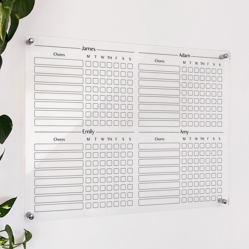 Personalized Acrylic Chore Chart for Four: Dry Erase Family Planner - Etsy
